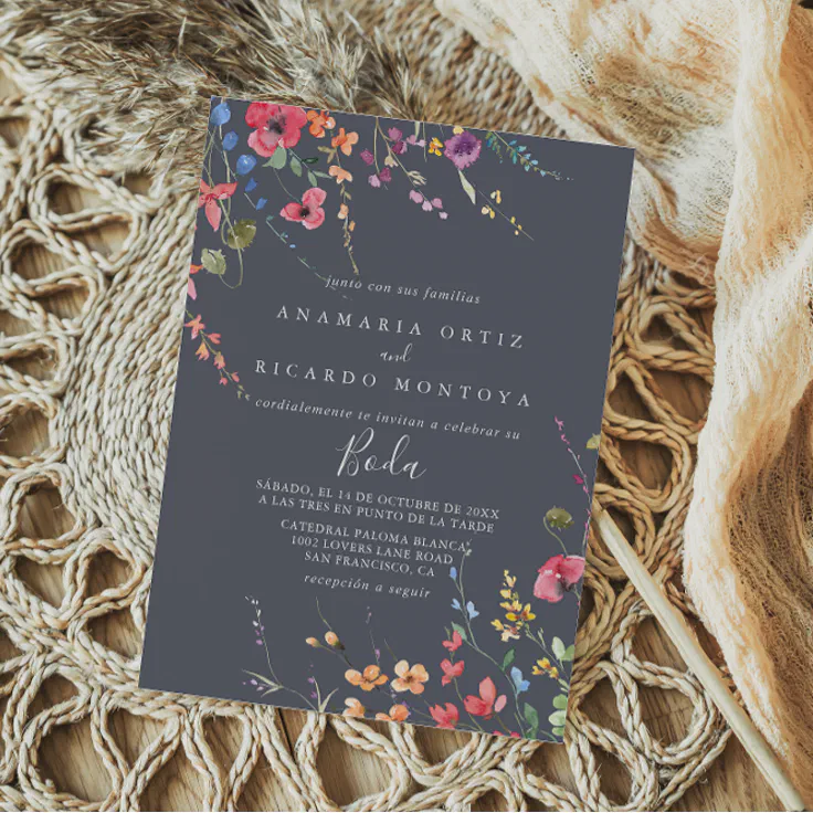 Classic Blue Wild Floral Spanish Wedding Invitation | Zazzle