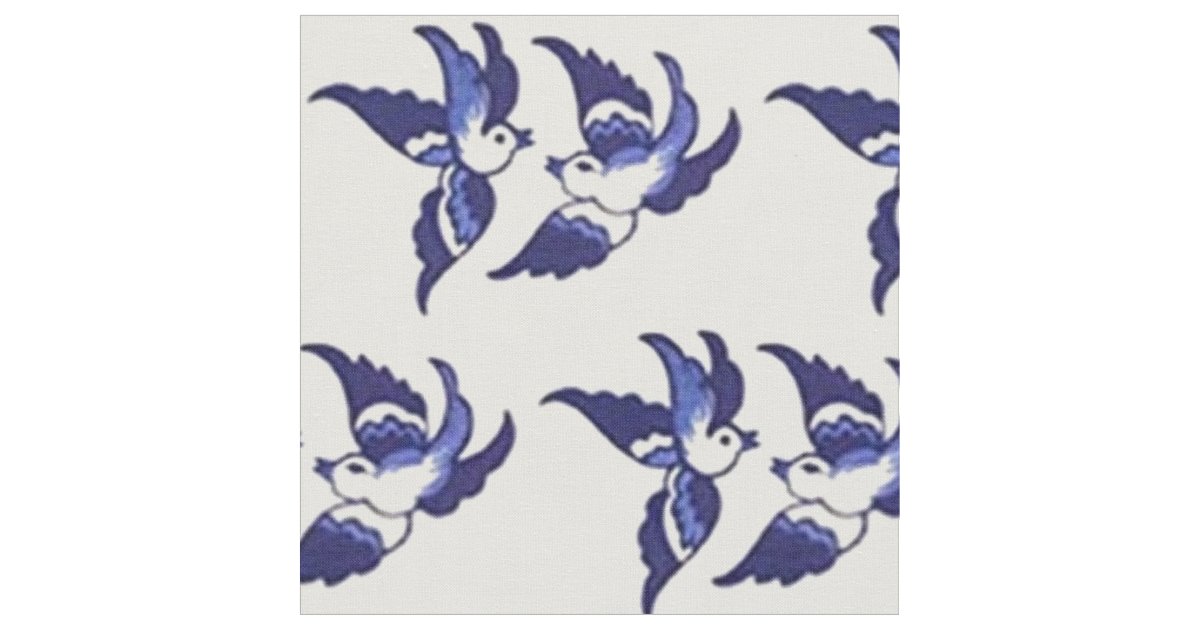 Classic Blue Willow Birds Design Fabric | Zazzle