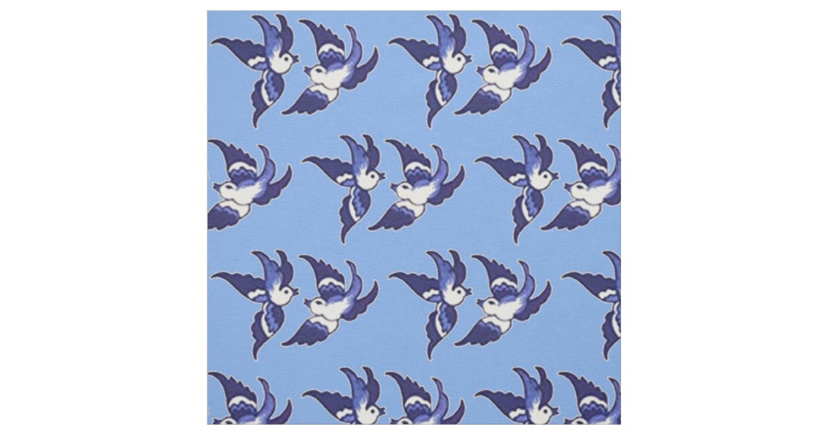 Classic Blue Willow Birds Design v2 Fabric | Zazzle