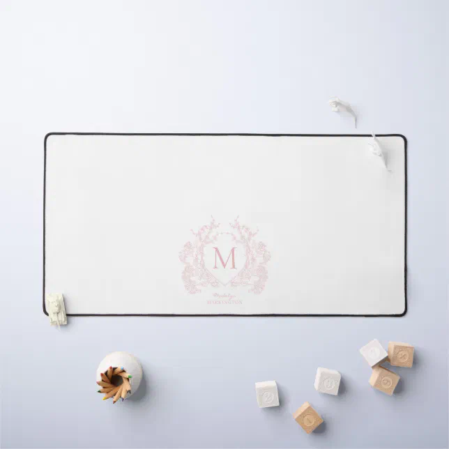 Classic Blush Pink Floral Crest Monogram Desk Mat | Zazzle