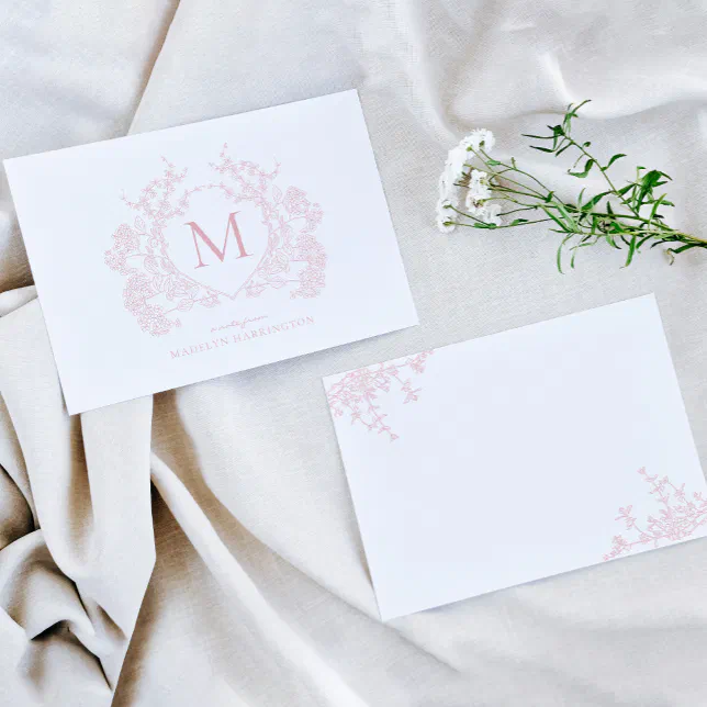 Classic Blush Pink Floral Crest Monogram Note Card | Zazzle