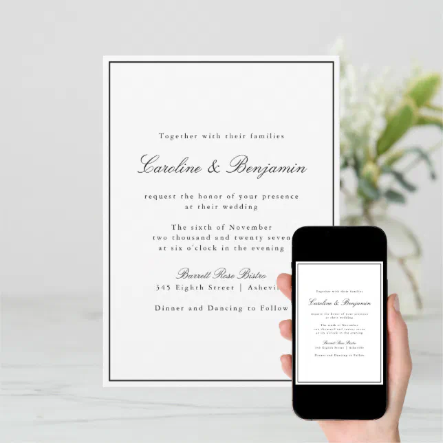 Classic Border Script Black White Elegant Wedding Invitation | Zazzle