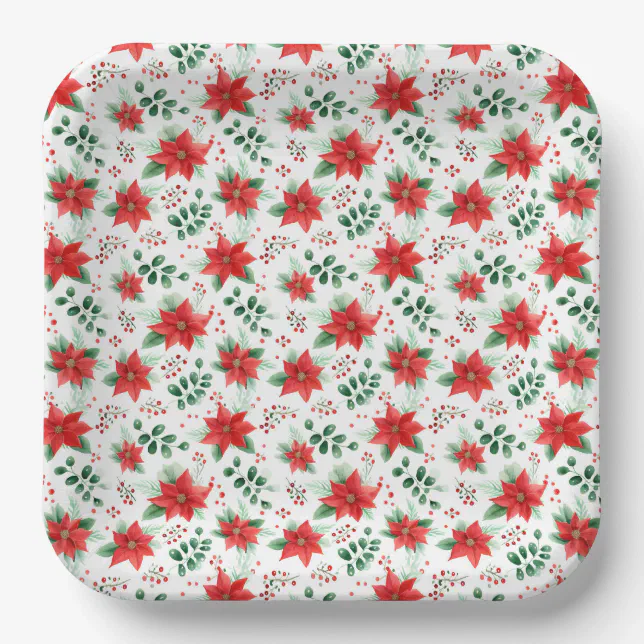 Classic Botanical Print Red Poinsettias Pattern Paper Plates | Zazzle