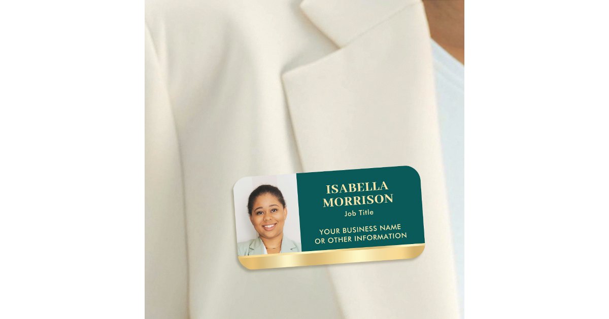 Classic Business ID Photo Green Gold Gradient Name Tag | Zazzle
