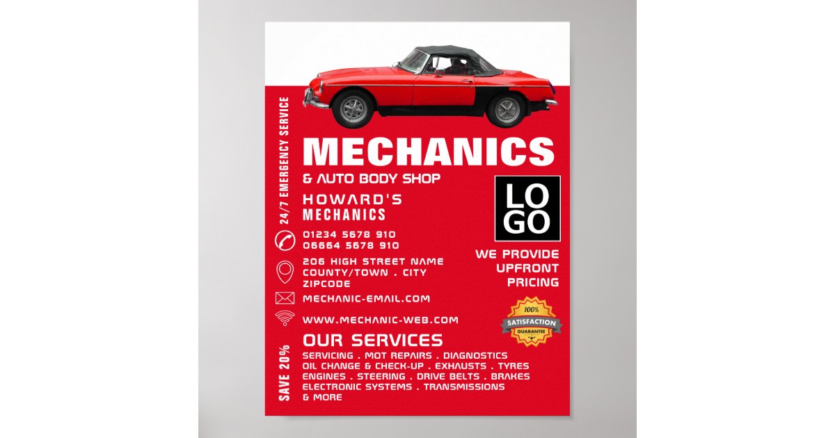 Classic Car, Auto Mechanic & Repairs Advertising Poster | Zazzle