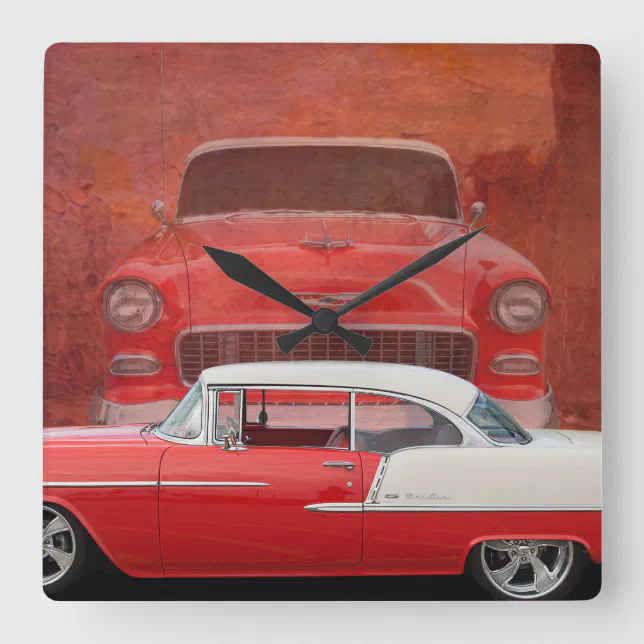 Classic Car Chevy Bel Air Red White Vintage Square Wall Clock | Zazzle