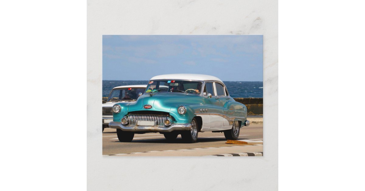Classic Cars of Cuba Turquoise and White Sedan Postcard | Zazzle