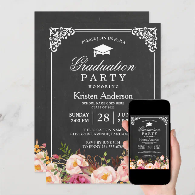 Classic Chalkboard Frame Floral Graduation Party Invitation | Zazzle