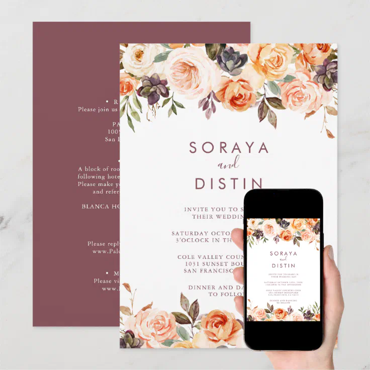 Classic Chic Boho Floral Back & Front Wedding Invitation | Zazzle