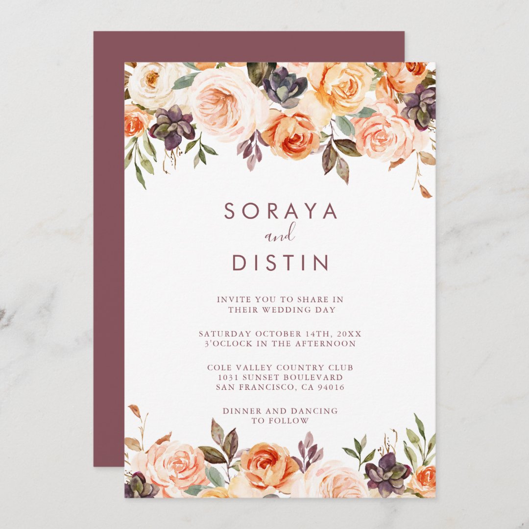 Classic Chic Boho Floral Back & Front Wedding Invitation | Zazzle