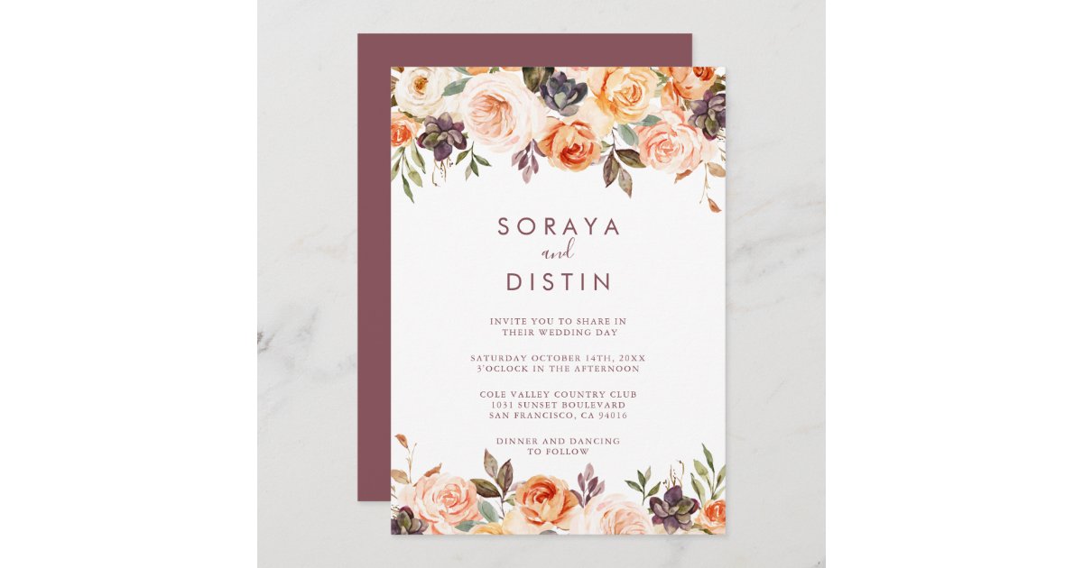 Classic Chic Boho Floral Back & Front Wedding Invitation | Zazzle