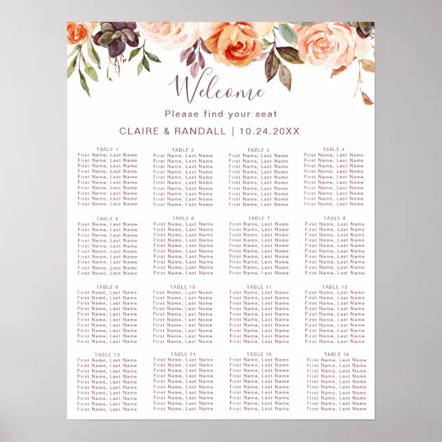 Classic Chic Boho Floral Wedding Seating Chart | Zazzle