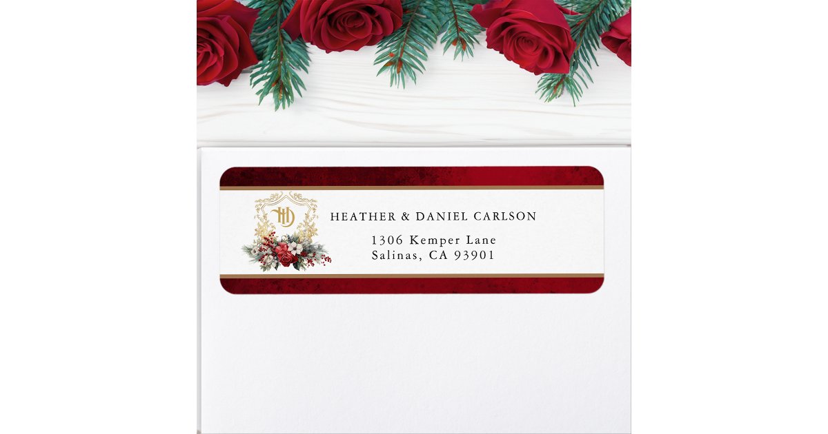Classic Christmas Floral Crest Monogram Wedding Label | Zazzle