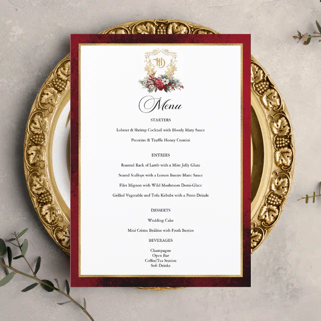 Classic Christmas Floral Crest Monogram Wedding Menu | Zazzle