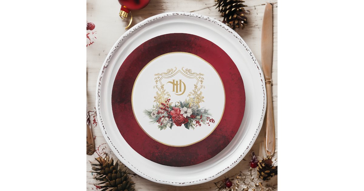 Classic Christmas Floral Crest Monogram Wedding Paper Plates | Zazzle