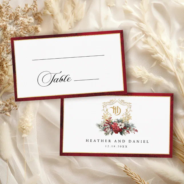Classic Christmas Floral Crest Monogram Wedding Place Card | Zazzle