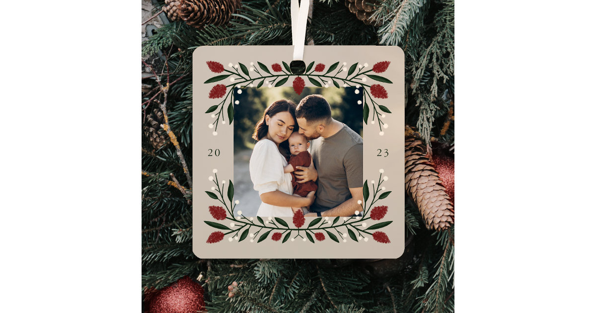 Classic Christmas Floral Frame Photo Metal Ornament | Zazzle
