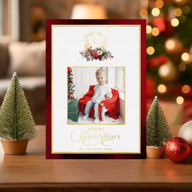 Classic Christmas Floral Gold Crest Photo Foil Holiday Card | Zazzle