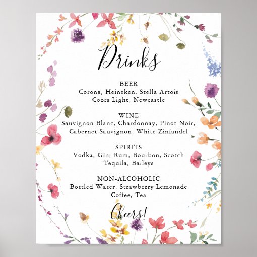 Classic Colorful Wild Floral Wedding Drinks Menu Poster | Zazzle