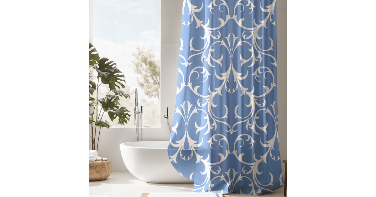 Classic Cornflower Blue & White Damask Floral Shower Curtain | Zazzle