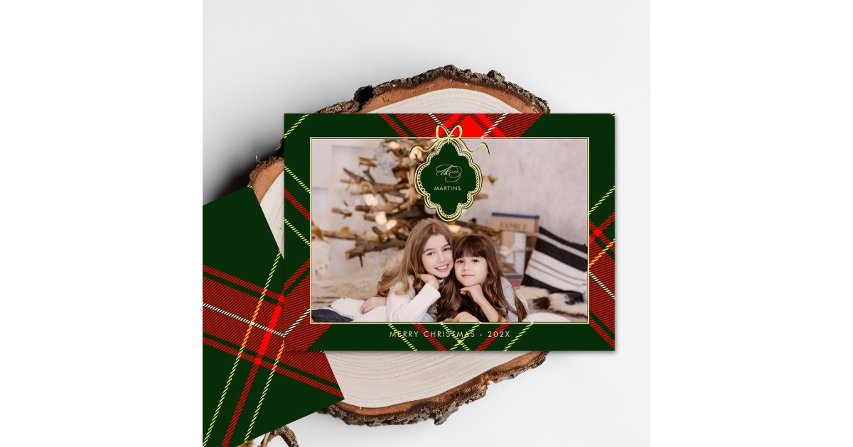 Classic Crest Christmas Red Green Plaid Photo Holiday Card | Zazzle