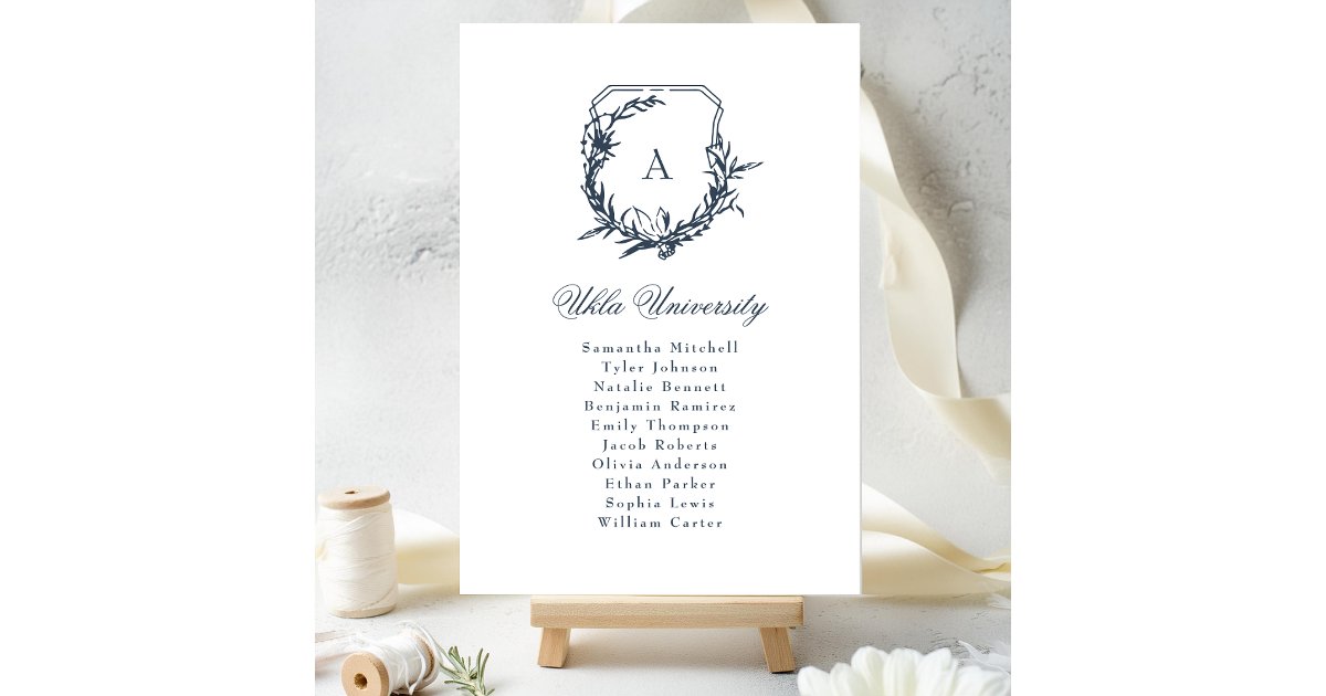 classic crest navy blue monogram seating chart table number | Zazzle