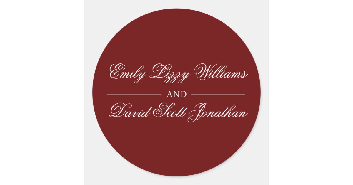 Classic Crimson Red Calligraphy Script Round Sticker | Zazzle