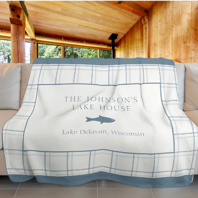 Classic Customizable Plaid Lake House Blue Fish Fleece Blanket | Zazzle