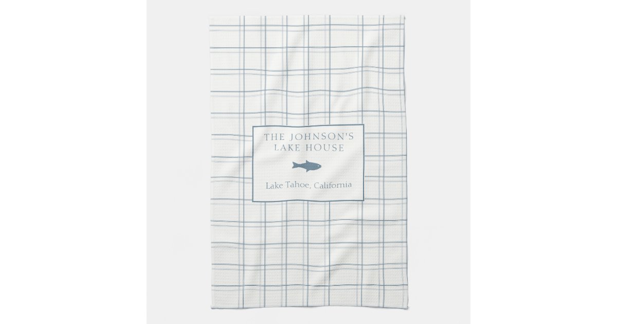 Classic Customizable Plaid Lake House Blue Fish Kitchen Towel | Zazzle