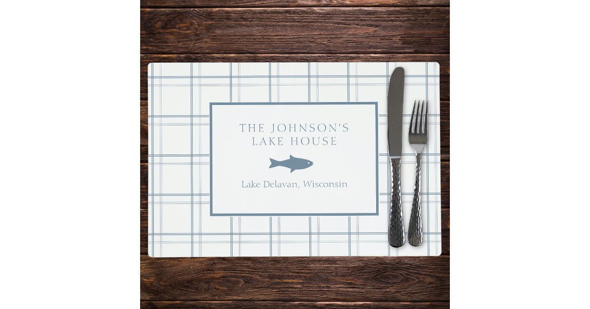 Classic Customizable Plaid Lake House Blue Fish Placemat | Zazzle