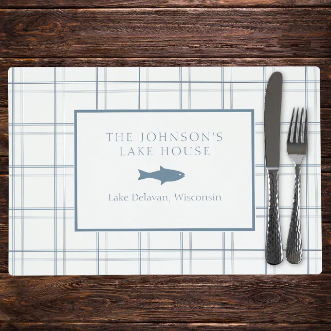 Classic Customizable Plaid Lake House Blue Fish Placemat | Zazzle