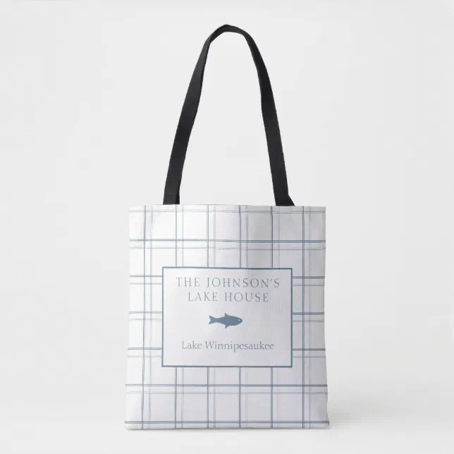 Classic Customizable Plaid Lake House Blue Fish Tote Bag | Zazzle