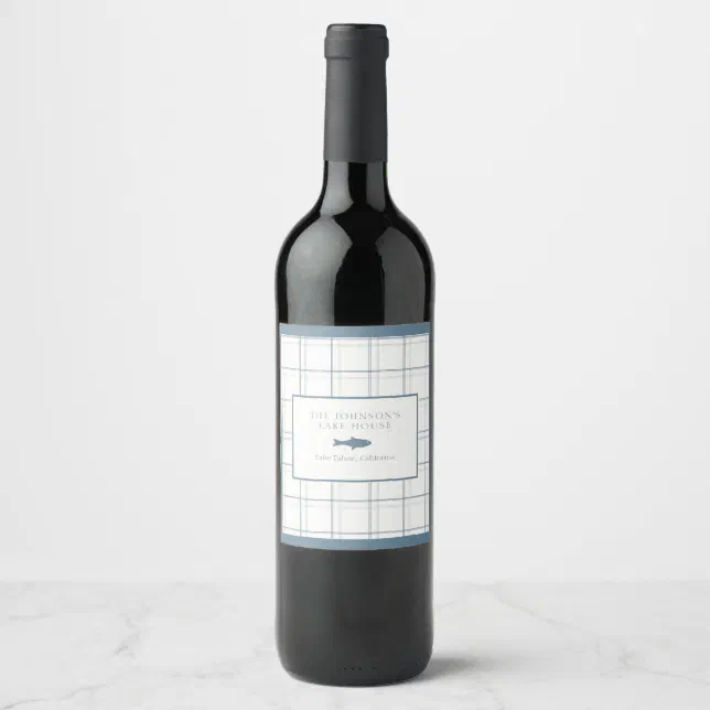 Classic Customizable Plaid Lake House Blue Fish Wine Label | Zazzle