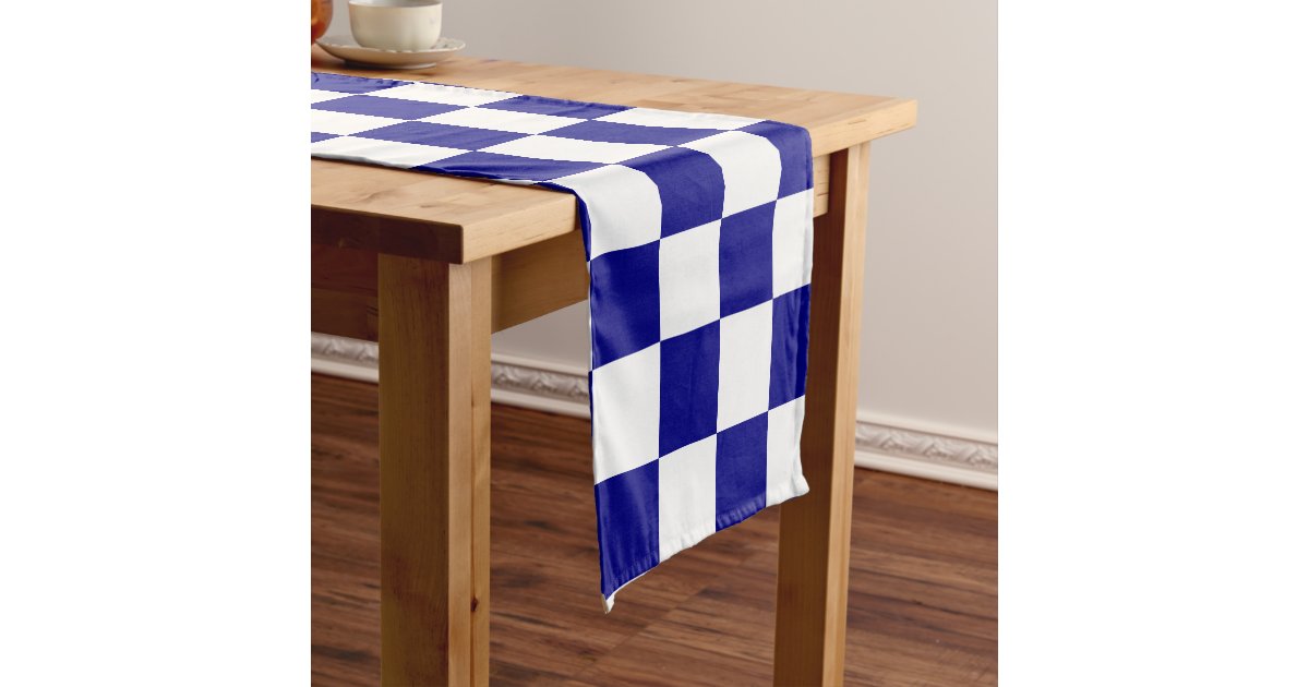 Classic Dark Blue and White Checkerboard Pattern Short Table Runner ...