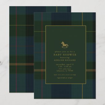 Classic Dark Green Plaid Equestrian Baby Shower Invitation | Zazzle