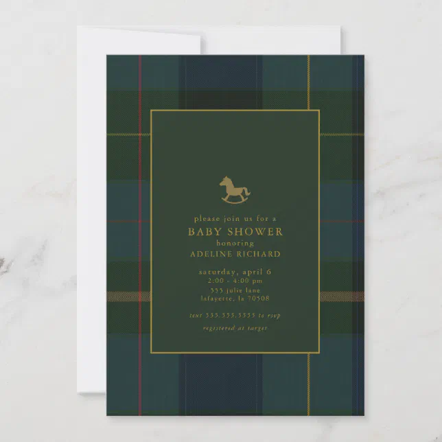 Classic Dark Green Plaid Equestrian Baby Shower Invitation | Zazzle