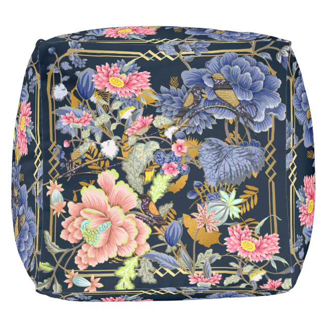 Classic Dark Navy Floral Pouf | Zazzle