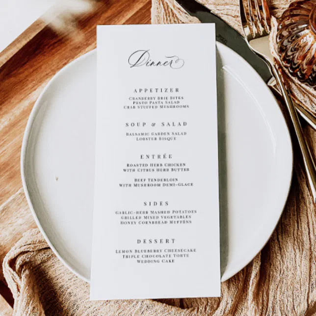Classic Dinner Menu Wedding Reception Meal Card | Zazzle