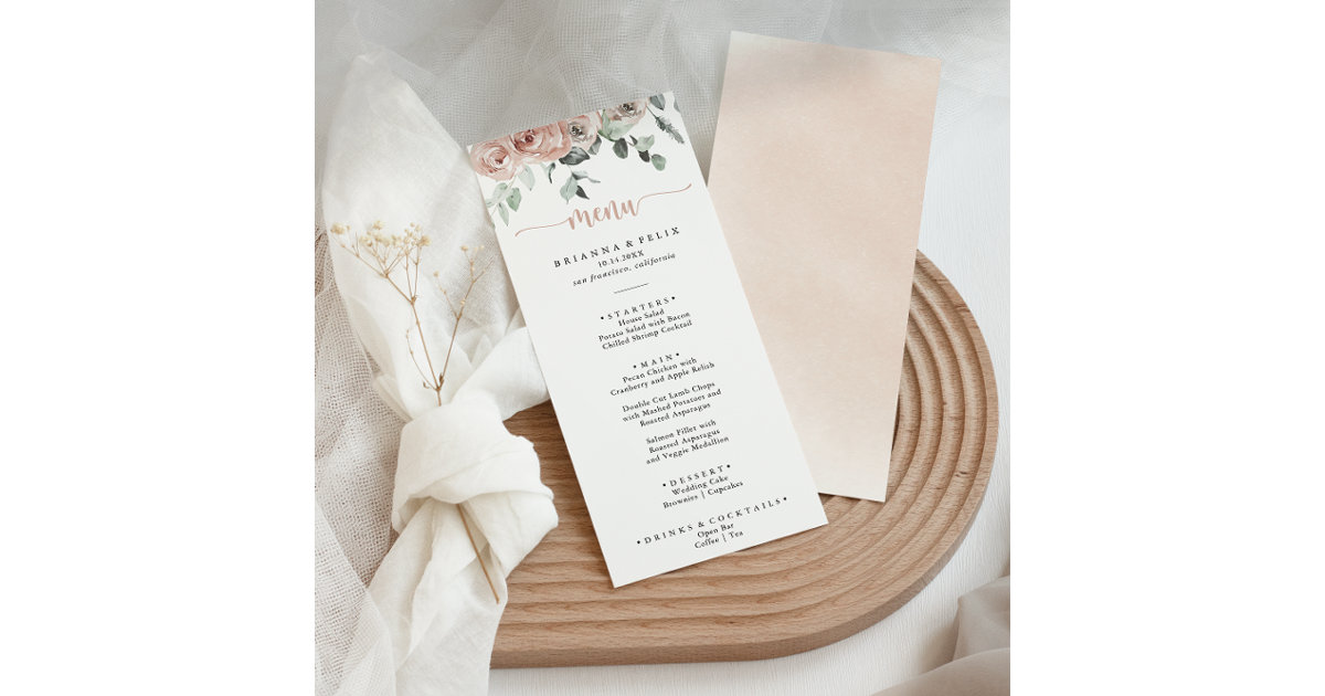 Classic Dusty Pink Rose Floral Dinner Menu | Zazzle