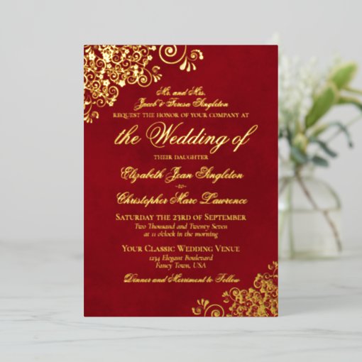 Classic Elegance Crimson Red Formal Wedding Gold Foil Invitation | Zazzle