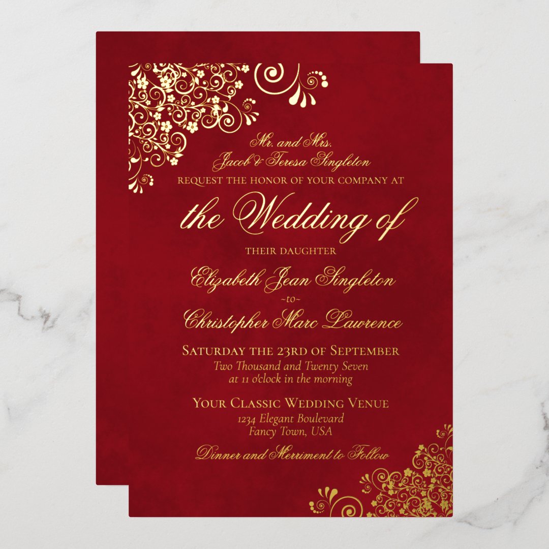 Classic Elegance Crimson Red Formal Wedding Gold Foil Invitation | Zazzle
