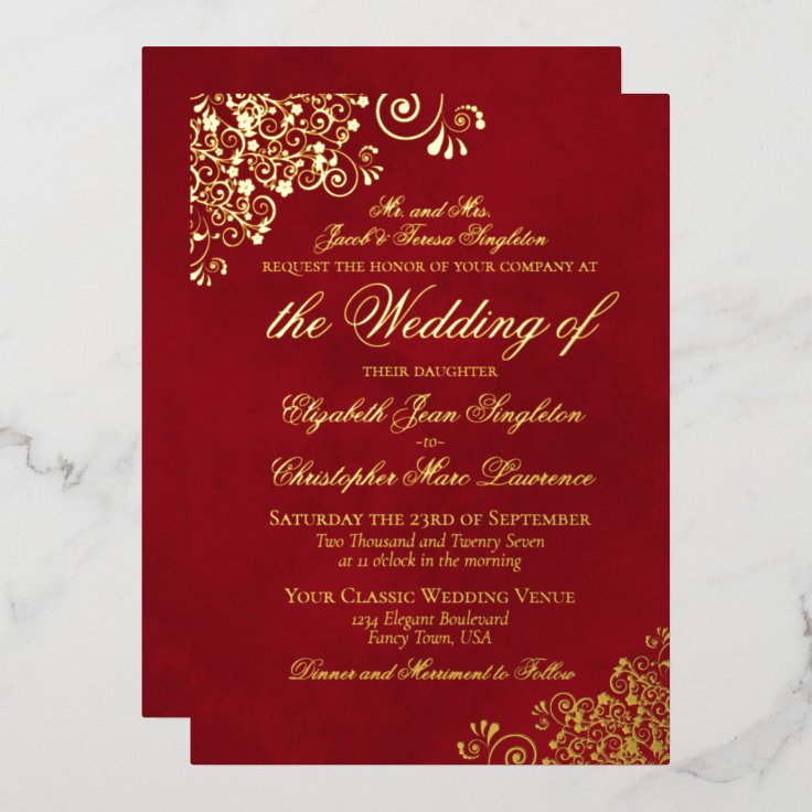 Classic Elegance Crimson Red Formal Wedding Gold Foil Invitation | Zazzle