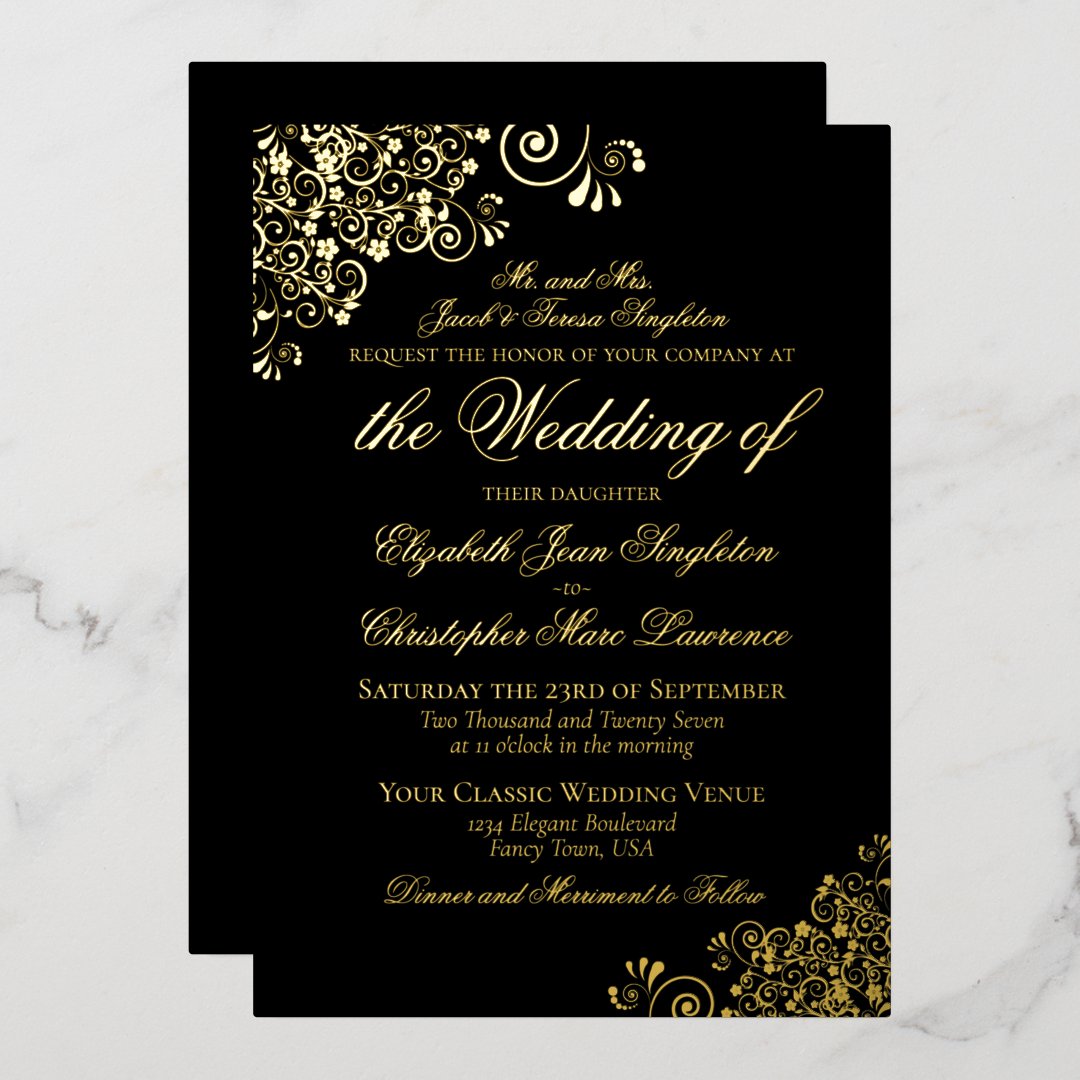 Classic Elegance Gold on Black Formal Wedding Foil Invitation | Zazzle