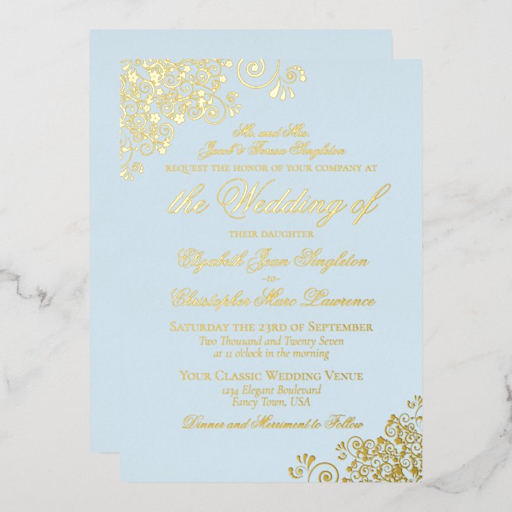 Classic Elegance Gold & Powder Blue Formal Wedding Foil Invitation | Zazzle