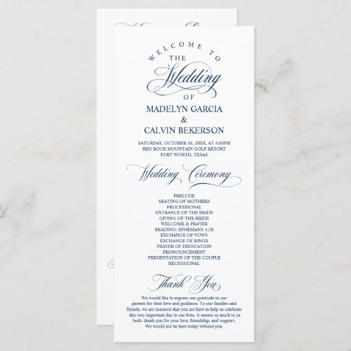 Classic Elegance Navy Blue Script Wedding Ceremony Program | Zazzle