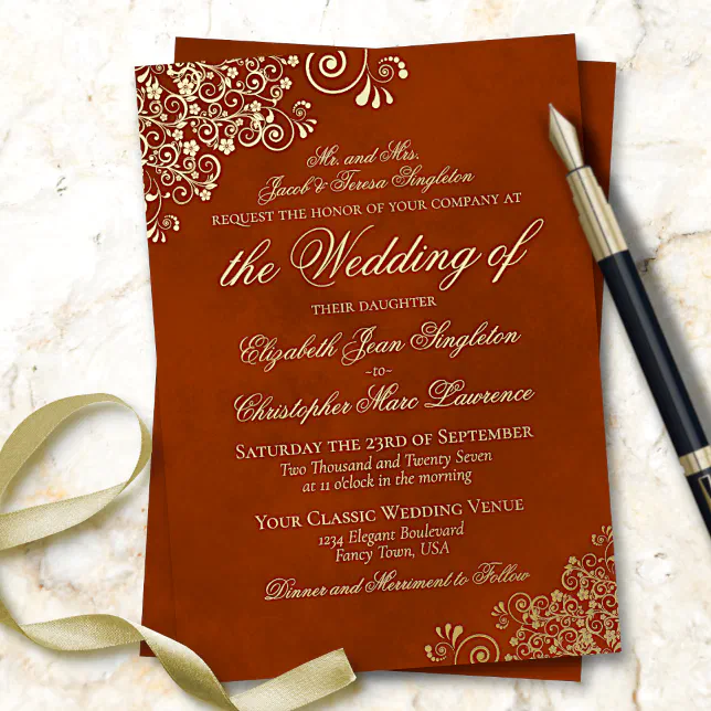 Classic Elegance Rust Orange Formal Wedding Gold Foil Invitation | Zazzle