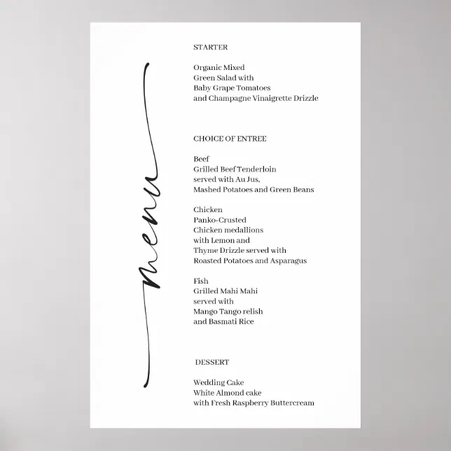 Classic Elegance Wedding Menu Poster | Zazzle
