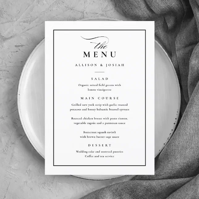 Classic Elegant Black and White Wedding Menu | Zazzle