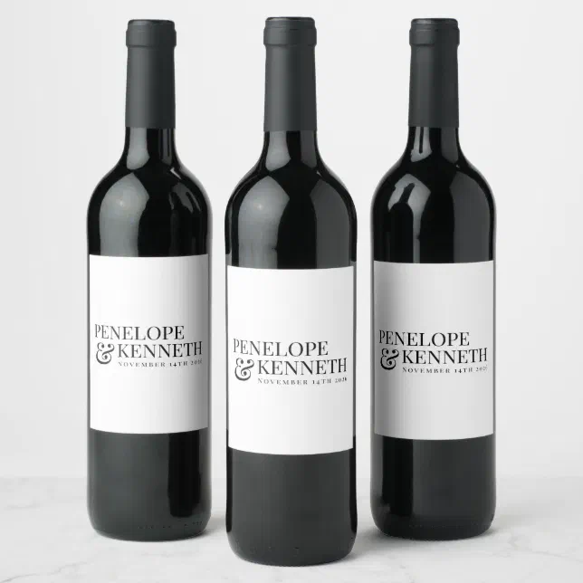 Classic Elegant Black White Custom Wedding Names Wine Label | Zazzle