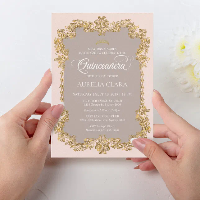 Classic Elegant Blush Pink Gold Tiara Quinceanera Invitation | Zazzle